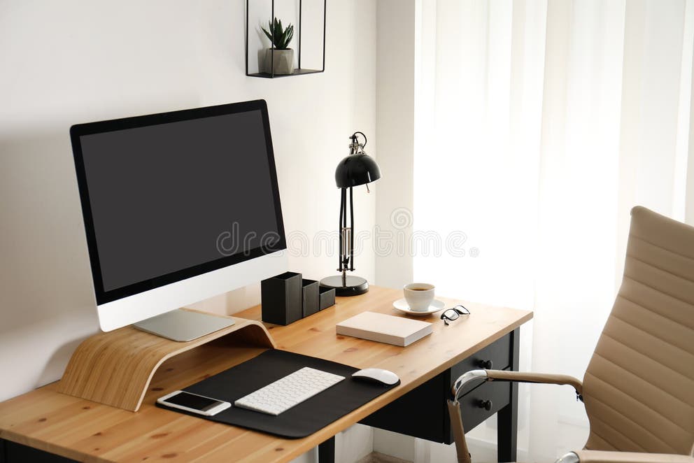 Stylish Workplace Interior with Modern Computer on Table Stock Image ...