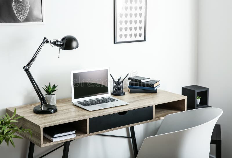 Stylish Workplace with Laptop in Room Stock Image - Image of interior ...