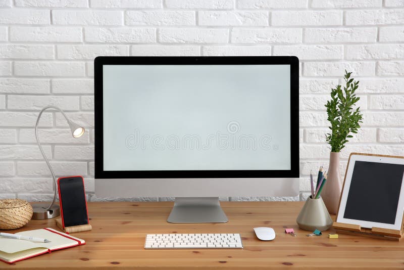 Stylish Workplace with Computer on Desk Stock Photo - Image of ...