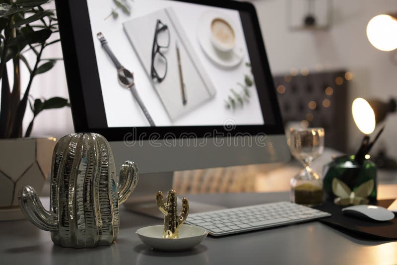 Stylish Workplace with Modern Computer on Desk. Focus on Decorative ...