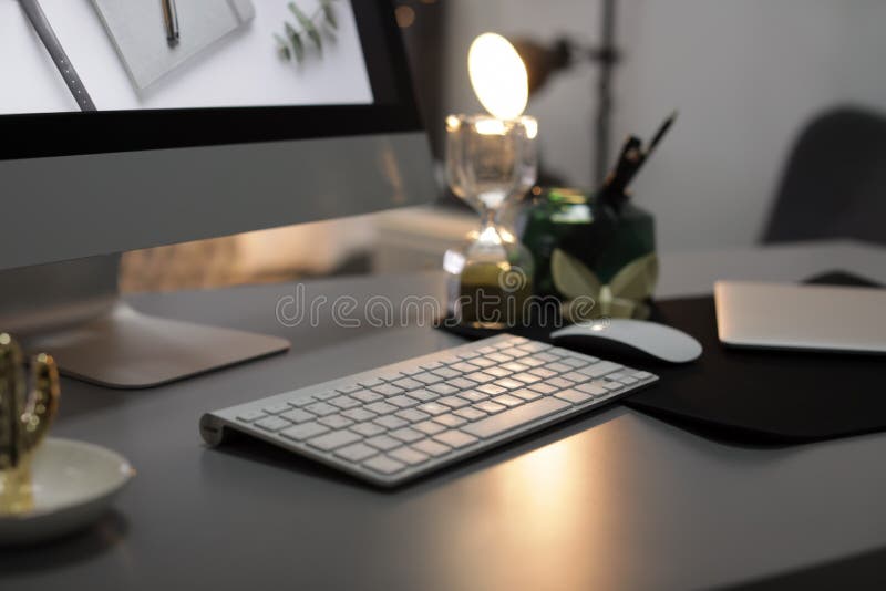 Stylish Workplace with Modern Computer on Desk. Focus on Keyboard Stock ...