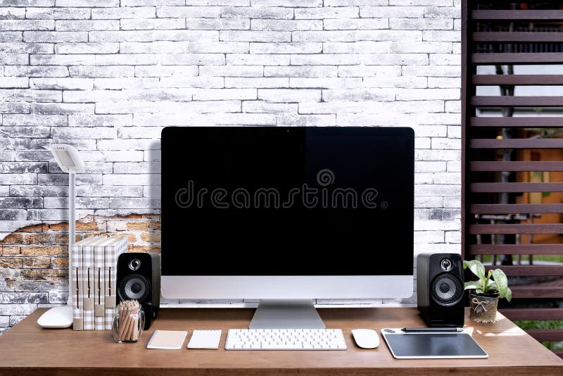 Stylish Workspace with Blank Screen Computer at Home Stock Image ...