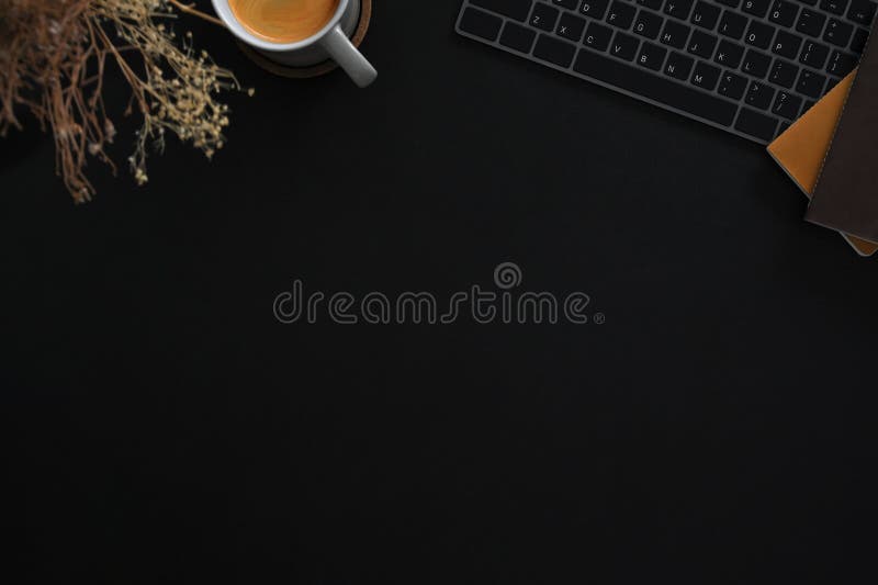 Stylish Workspace with Cup of Coffee, Notebook and Computer Keyboard on ...