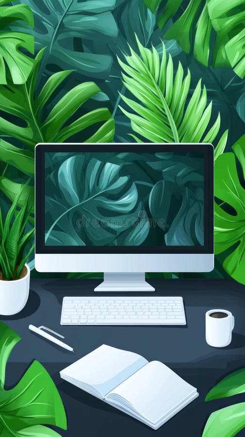 Stylish Workspace Features a Computer Surrounded by Lush Green Plants ...