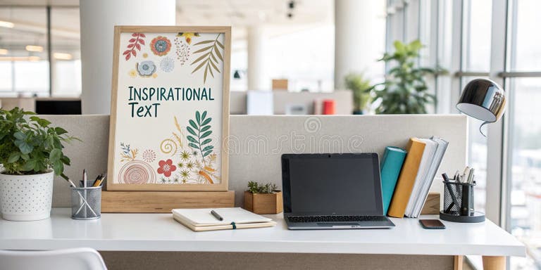 Stylish Workspace with Poster and Gadget on Desk Stock Image - Image of ...