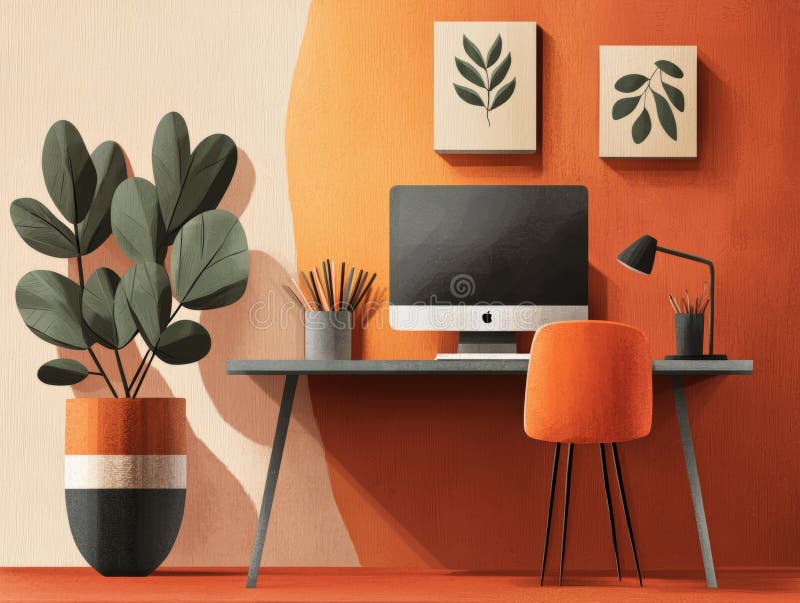 A Stylish Workspace Featuring a Modern Computer Potted Plant and ...