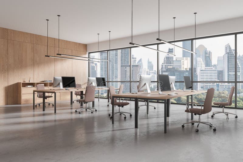 Stylish Workspace Interior with Pc Monitors on Shared Desk and Drawer ...