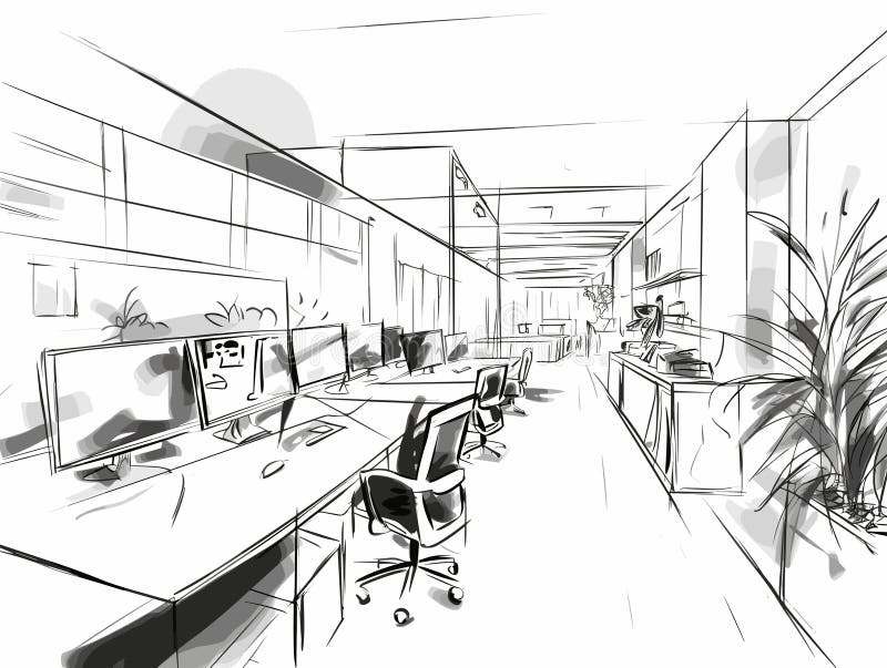 Stylish Workspace Interior for Team Collaboration in Hand-drawn Style ...