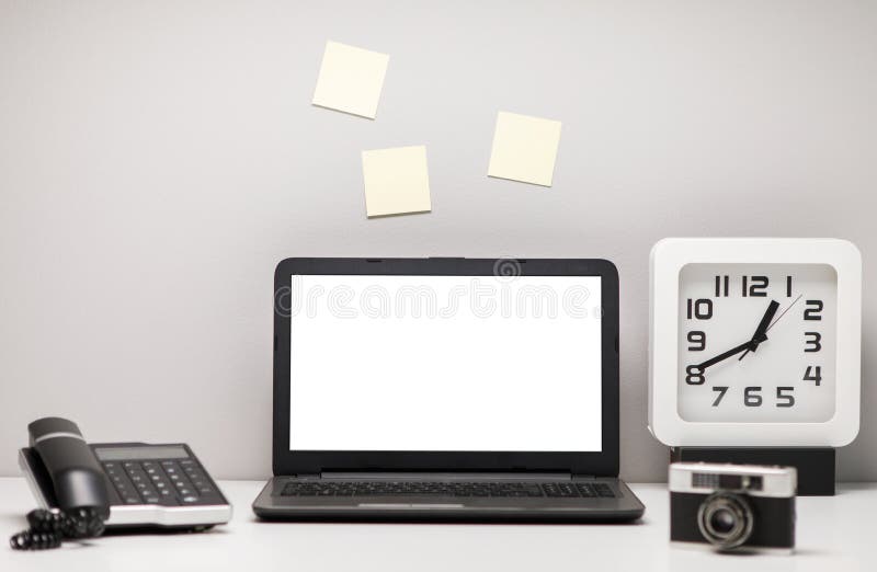 Stylish Workspace with Laptop Computer, Office Supplies, Camera, Stock ...