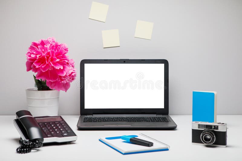 Stylish Workspace with Laptop Computer, Office Supplies, Camera, Stock ...
