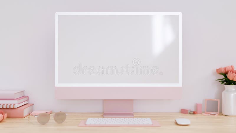 Stylish Workspace with Modern Pink Desktop Computer Mockup Stock ...