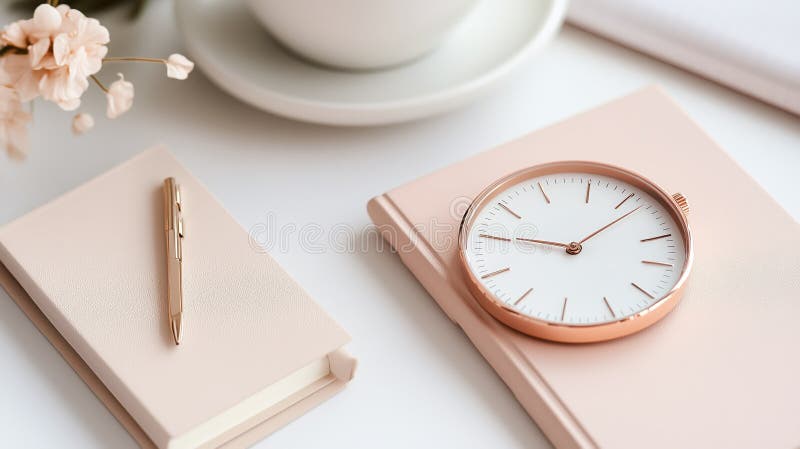 Stylish Workspace with Notebook, Pen, and Elegant Clock for ...