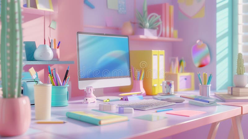 Pastel Pink Workspace Computer Desk Setup Modern Office Aesthetic Art ...