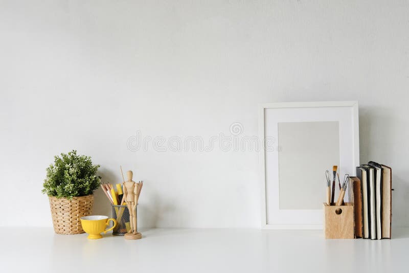 Stylish Workspace with Poster, Book and Gadget. Workplace Desk a Stock ...