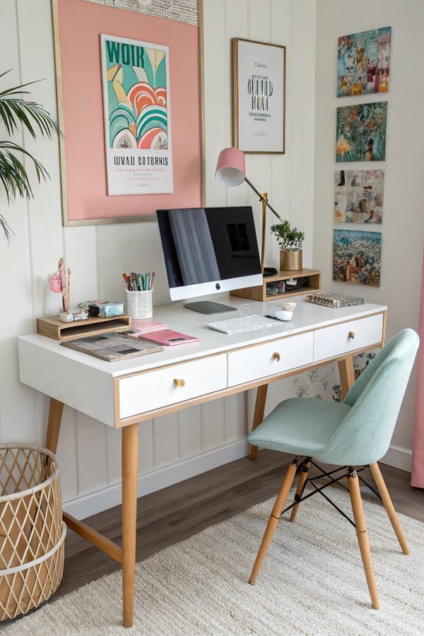 Stylish Workspace with Poster and Gadget on Desk Stock Photo - Image of ...