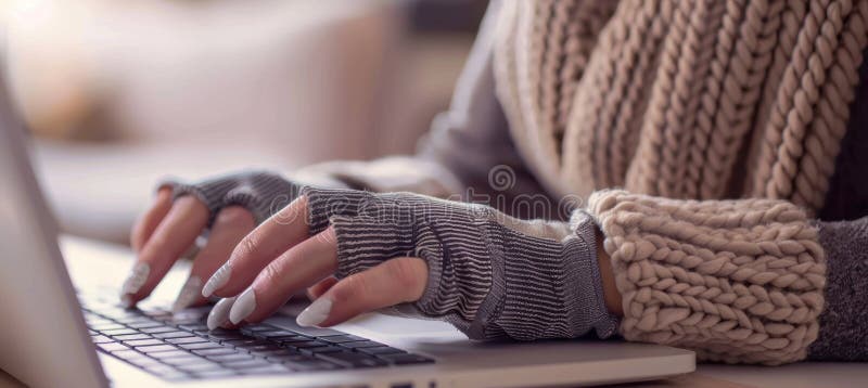 Stylish Workspace Scene: Hands Typing with Arthritis Compression Gloves ...