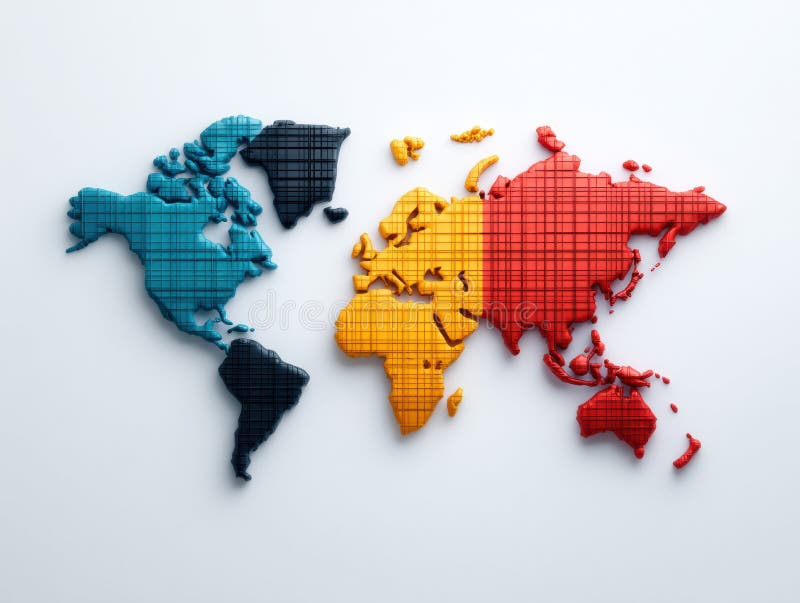 Stylish World Map with Continents in Blue, Yellow and Red, and Grid ...