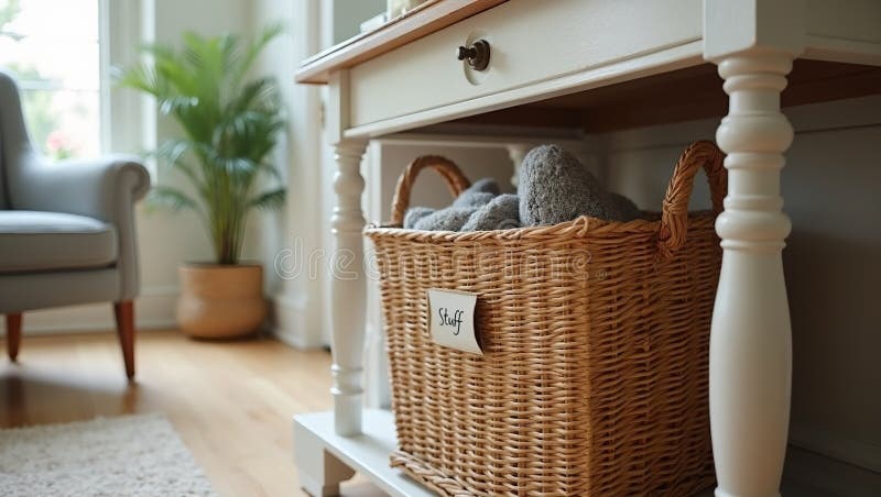 Stylish Woven Stuff Basket Under Table in Organized Living Room Stock ...