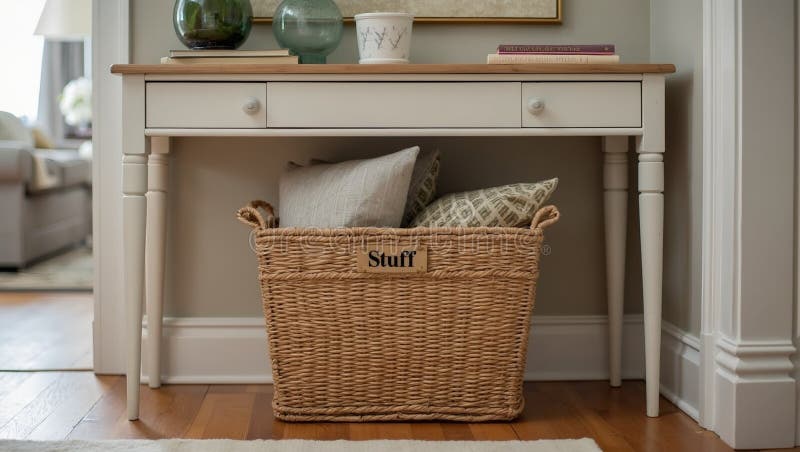 Stylish Woven Stuff Basket Under Table in Organized Living Room Stock ...