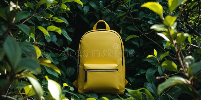 Stylish Yellow Backpack Amidst Lush Green Foliage Framing Central Space ...
