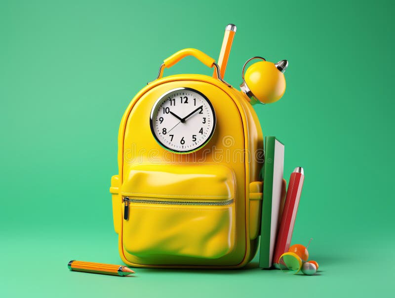 Stylish Yellow Backpack with Different School Stationary on Table. Back ...