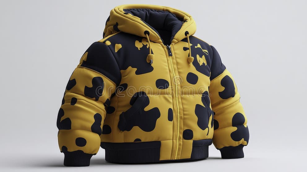 Stylish Yellow and Black Patterned Puffer Jacket on Display in a Modern ...