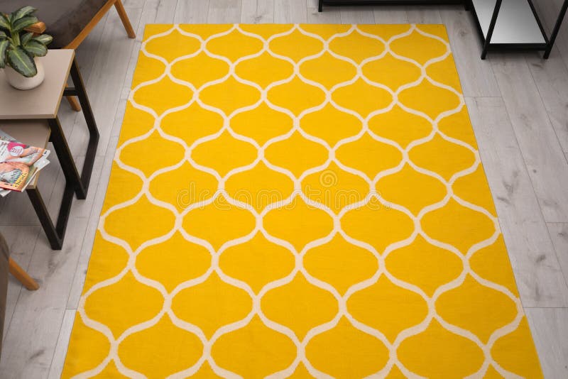 Stylish Yellow Carpet with Pattern on Floor in Room, Above View Stock ...