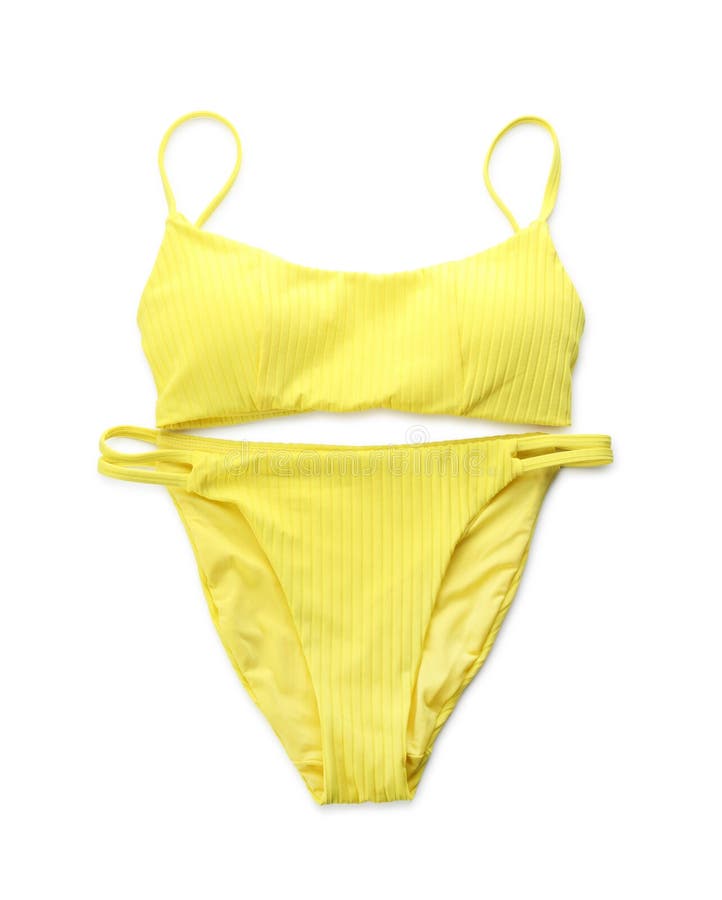 Stylish Yellow Swimsuit Isolated on White, Top View. Beach Accessory ...