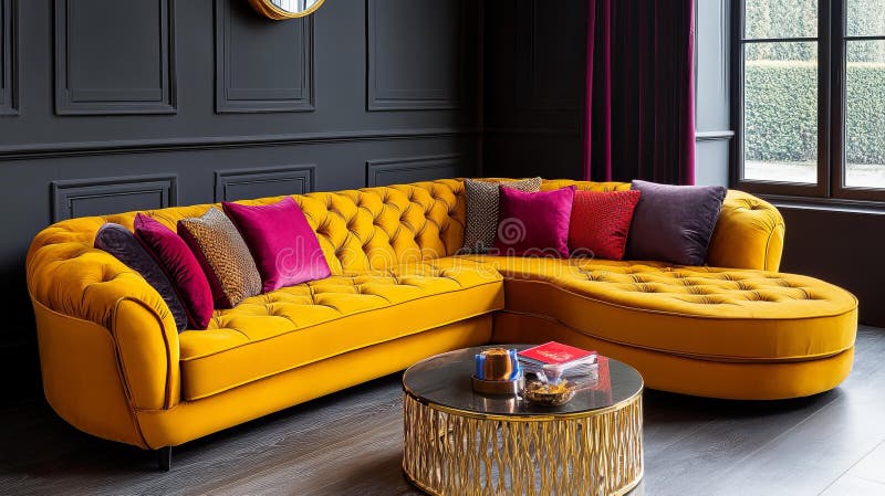 Stylish Yellow Velvet Sofa with Modern Interior Design Stock ...