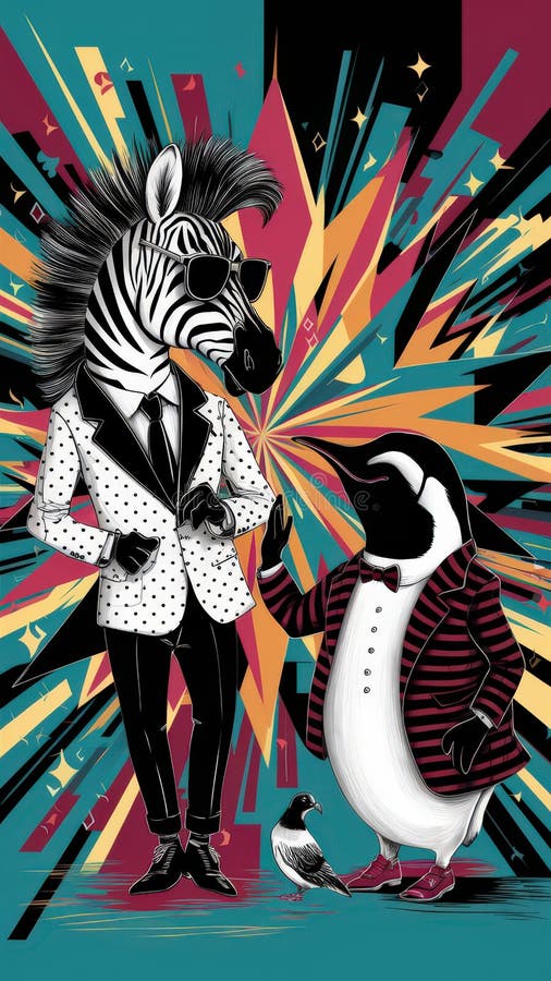 Stylish Zebra and Penguin in Trendy Suits with Vibrant Background Stock ...