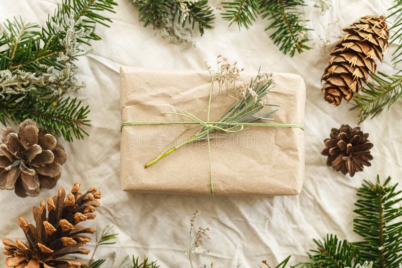 Stylish Zero Waste Gift on Rustic Table with Fir Branches and Pine ...