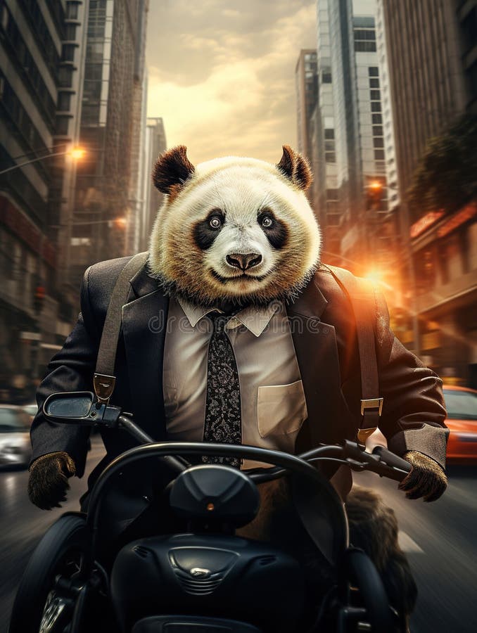 A Stylishly Dressed Panda Hitting the Road on a Motorcycle Stock ...