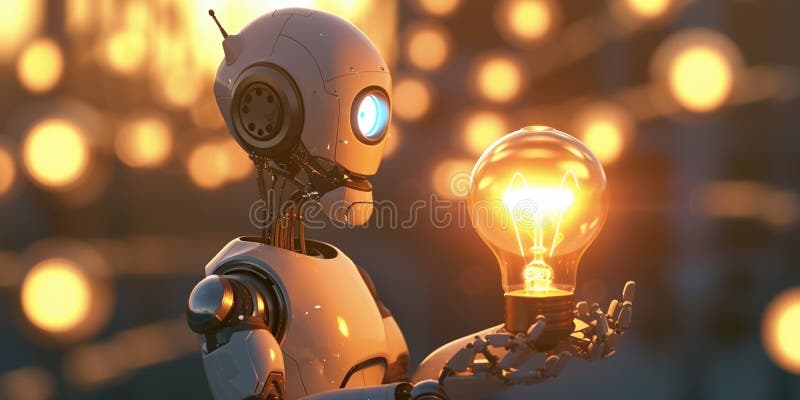 Stylishly Rendered Robot, Light Bulb, Unreal Engine, Glimmers. Stock ...