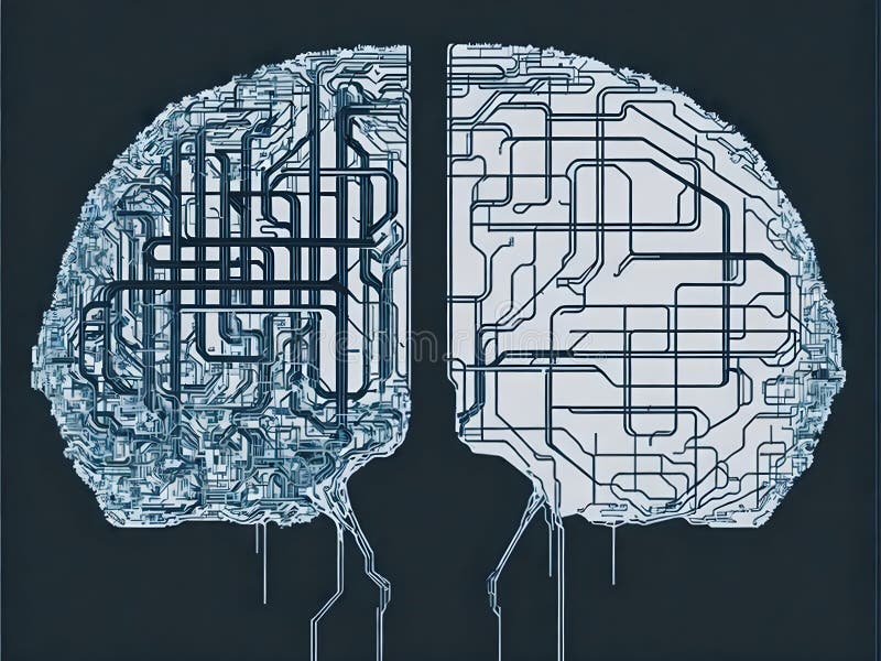 Stylized Abstract Modern Drawing of Human Brain with Wires and Cables ...