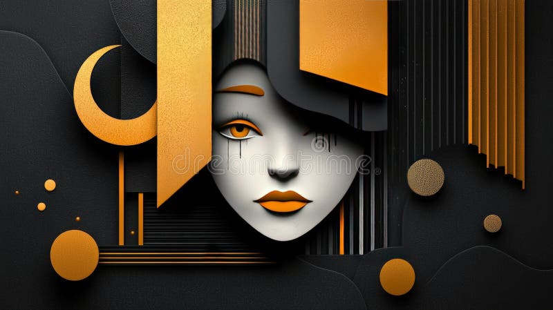 Stylized Abstract Woman Face with Orange and Black Geometric Elements ...