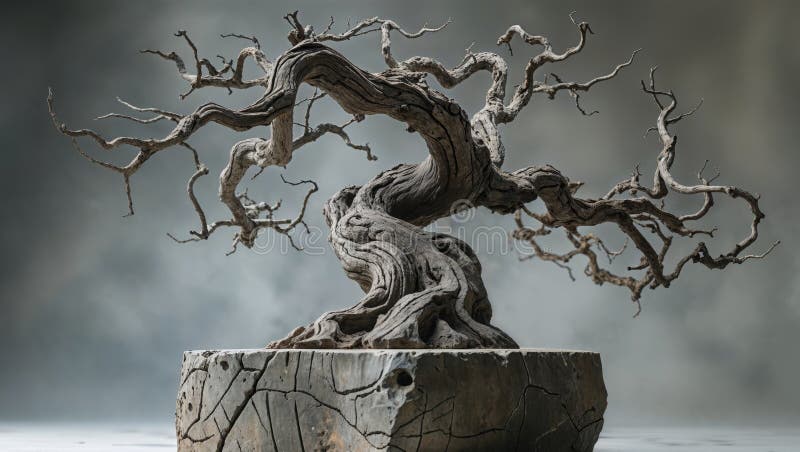 Stylized Aged Tree Sculpture with Gnarled Branches and Textured Base ...