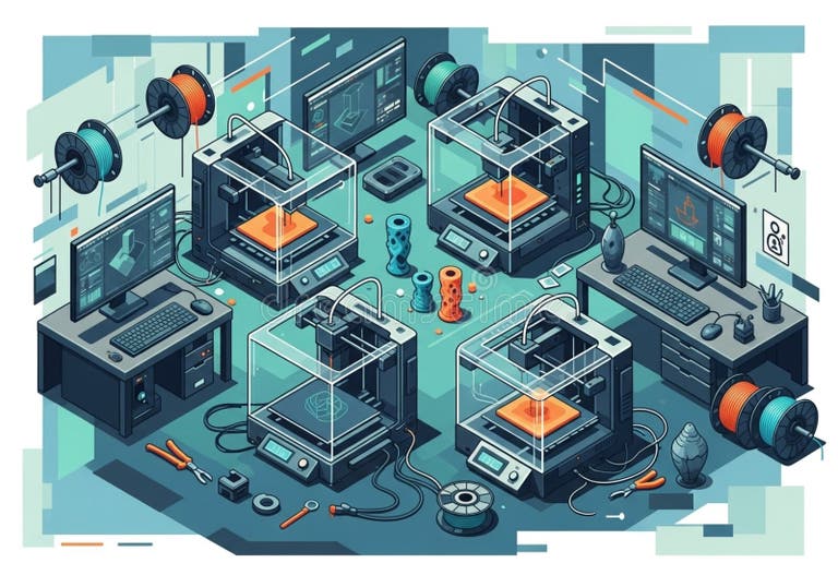 A Stylized, AI-generated Image Depicts a Modern 3D Printing Lab with Four 3D Printers in ...