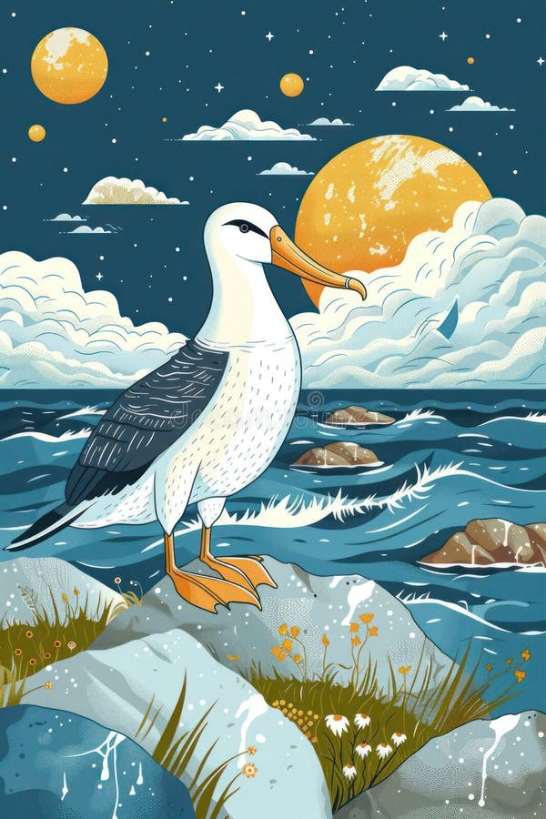 Majestic Albatross at Sunset Over Ocean Waves, Under Starry Night Sky ...