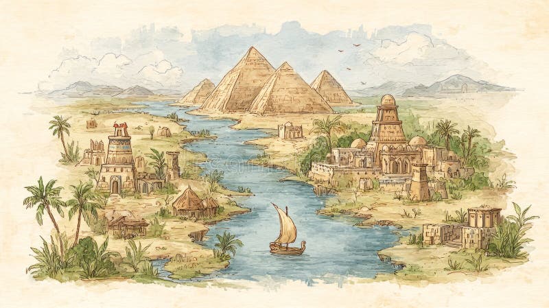 Stylized Ancient Egyptian Map with Nile River, Pyramids, Temples, and ...