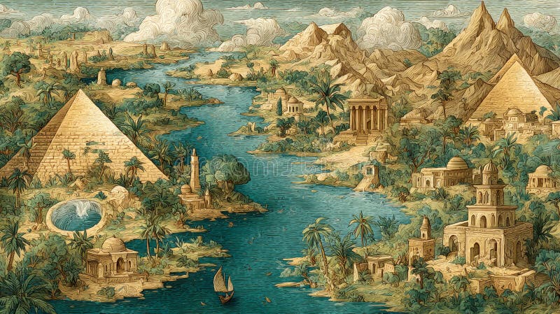 Stylized Ancient Egyptian Map with Nile River, Pyramids, Temples, and ...