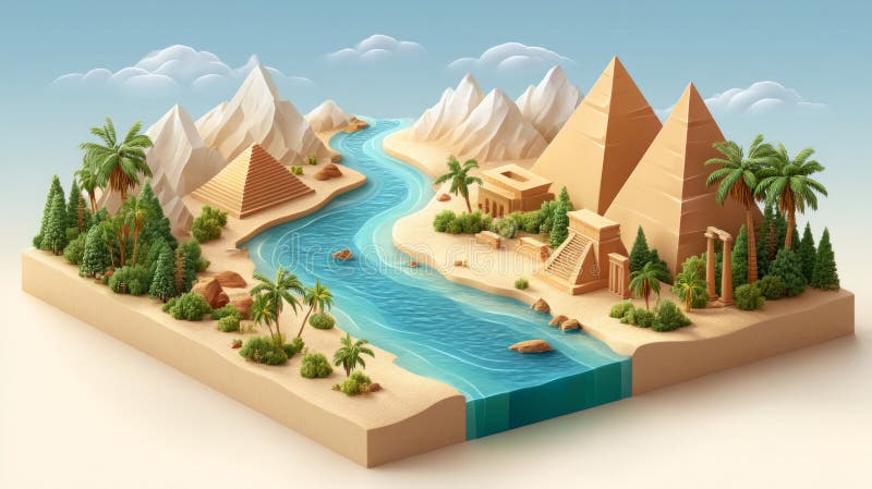 Stylized Ancient Egyptian Map with Nile River, Pyramids, Temples, and ...