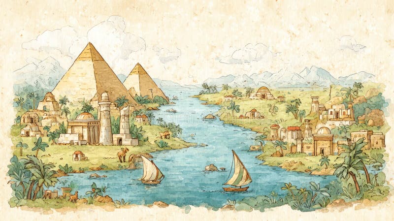 Stylized Ancient Egyptian Map with Nile River, Pyramids, Temples, and ...