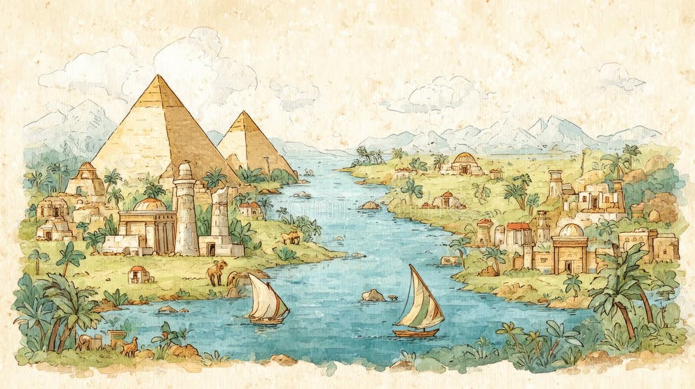 Stylized Ancient Egyptian Map with Nile River, Pyramids, Temples, and ...