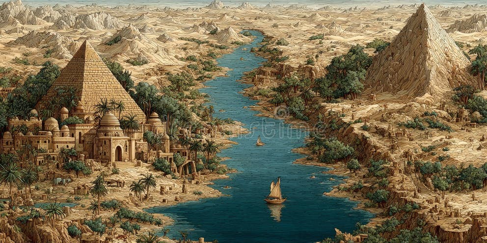 Stylized Ancient Egyptian Map with Nile River, Pyramids, Temples, and ...