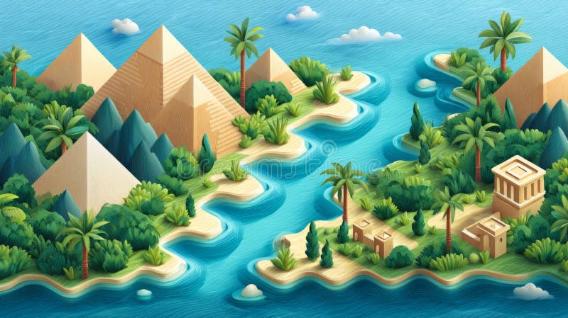 Stylized Ancient Egyptian Map with Nile River, Pyramids, Temples, and ...