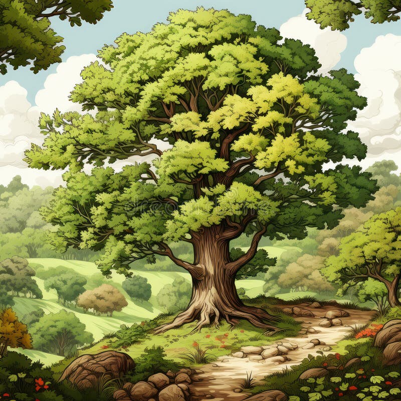 Stylized Ancient Oak Tree on a Serene Forest Path. AI Generation Stock ...