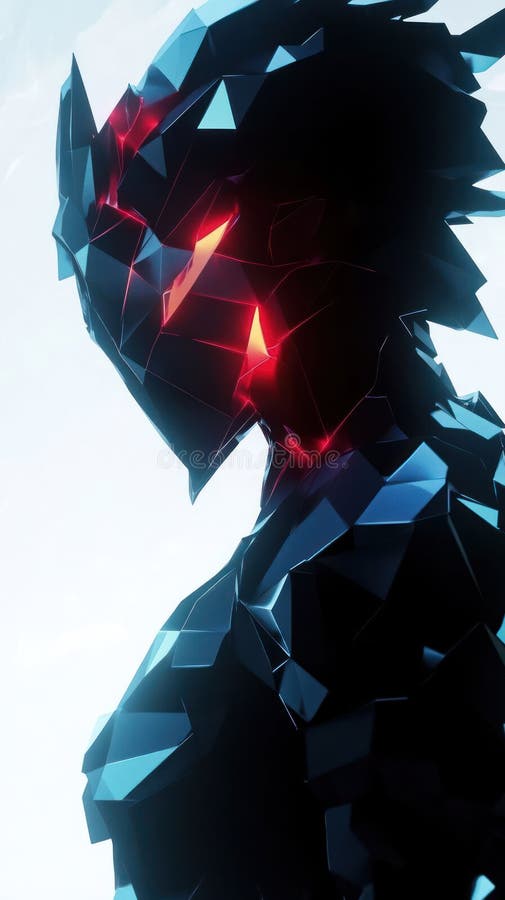 A Stylized, Angular Figure with Glowing Red Eyes, Set Against a Light ...