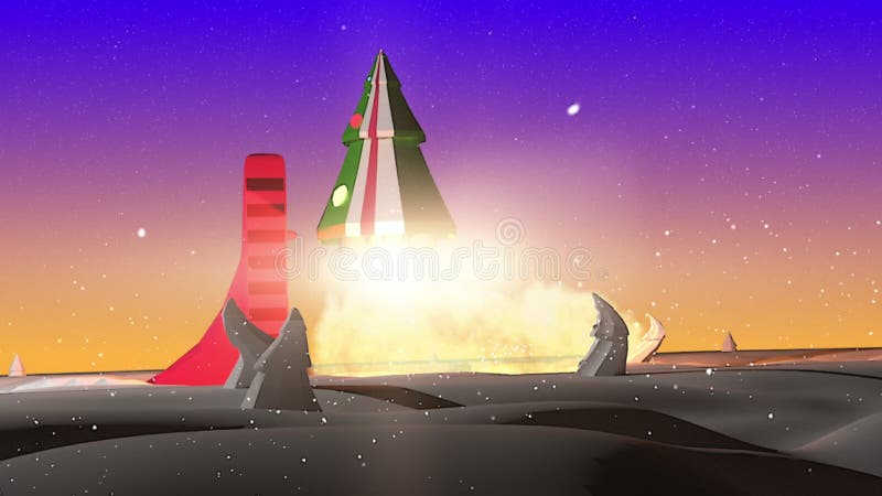 A Stylized Animated Christmas Tree Rocket Takes Off from a Winter ...
