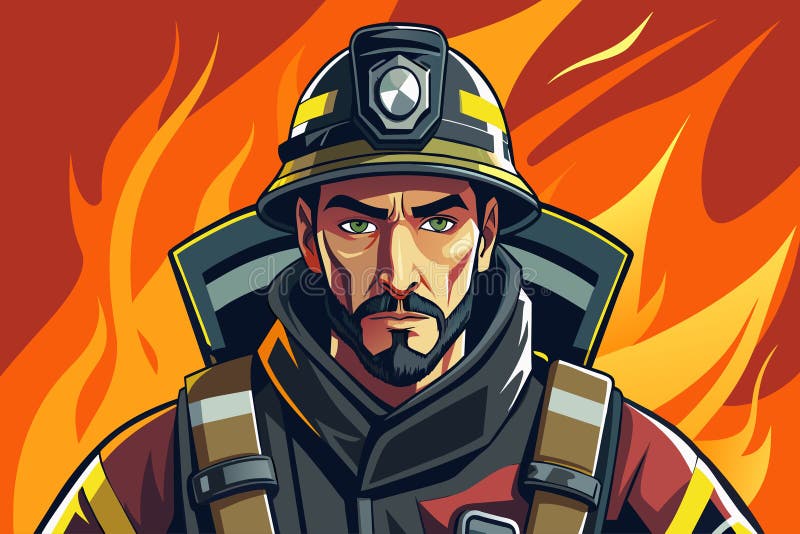 Stylized Animated Firefighter Ready for Action with Flames Behind Him ...