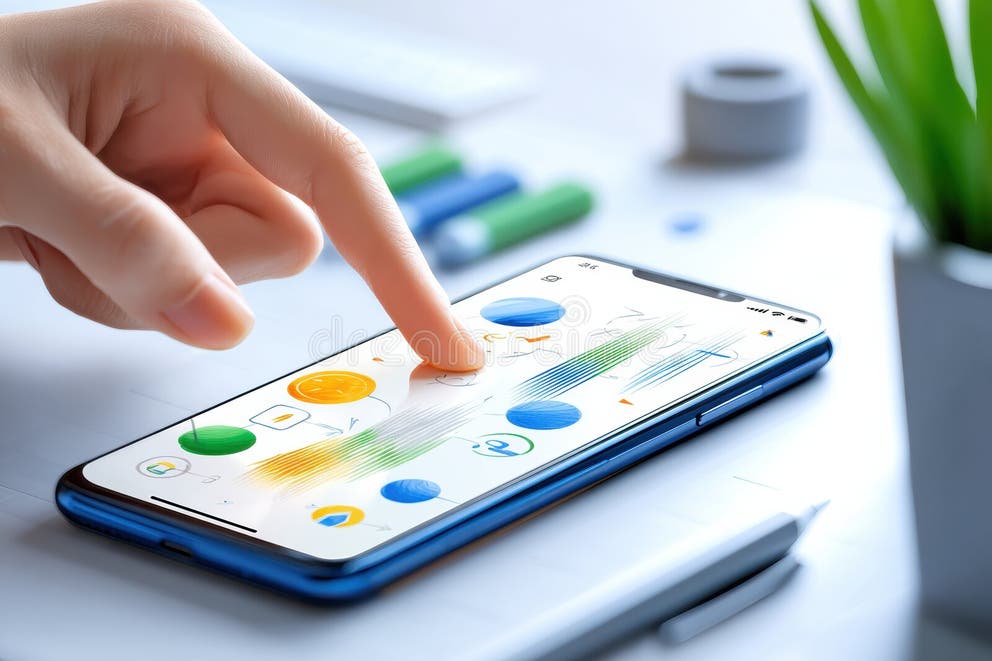 Stylized App Interface Displayed on Smartphone with User Interacting ...